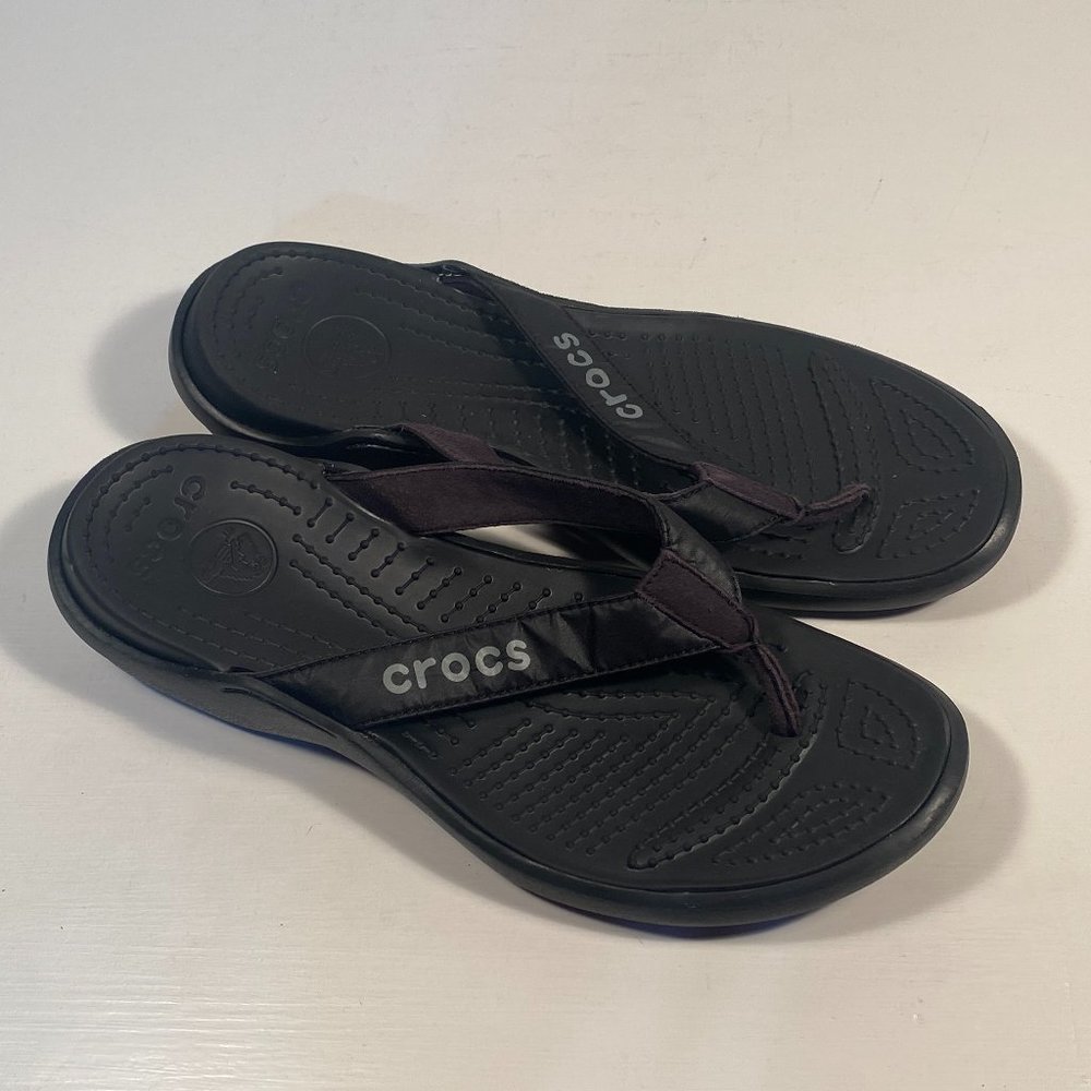 Crocs Black Rubber Thong Strap Logo Flip Flops Sandal… - Gem